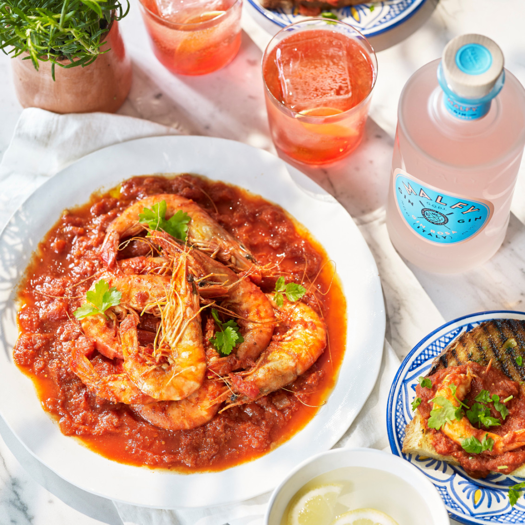 Prawns alla busara with griddle garlic bread